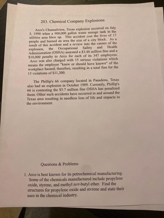 Solved 203. Chemical Company Explosions Arco's Channelview, | Chegg.com