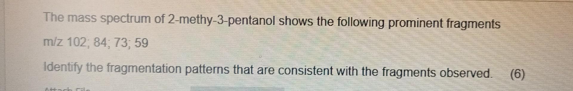 Solved The mass spectrum of 2-methy-3-pentanol shows the | Chegg.com