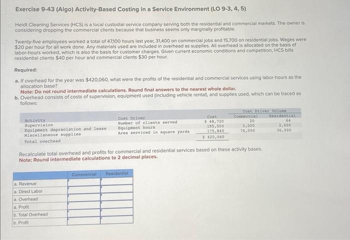 Solved Exercise 9-43 (Algo) Activity-Based Costing in a | Chegg.com
