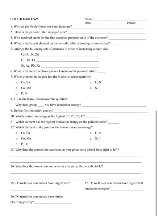 Solved Unit 3 P.Table HW2 Name: Date: 1. Why do the Noble | Chegg.com