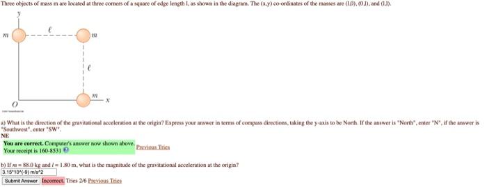 Solved Three objects of mass m are located at three comers | Chegg.com