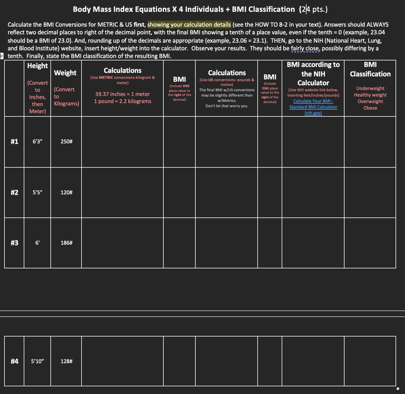 Solved Body Mass Index Equations X 4 ﻿Individuals + ﻿BMI | Chegg.com