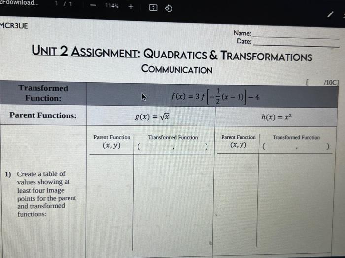 Solved UNIT 2 ASSIGNIMENT: QUADRATICS \\& TRANSFORMATIONS | Chegg.com