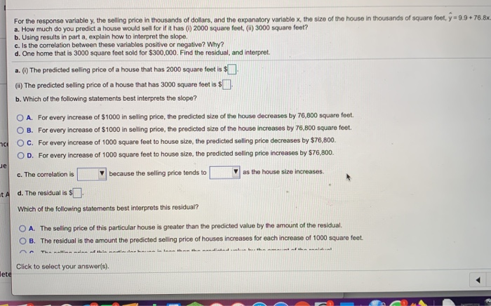 Solved 9.9+76.8% For the response variable y, the selling | Chegg.com