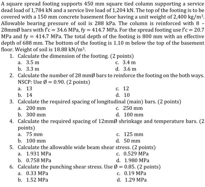 Solved a. 13 A square spread footing supports 450 mm square | Chegg.com