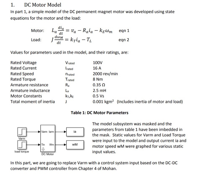 Solved 1. DC Motor Model In part 1, a simple model of the DC | Chegg.com