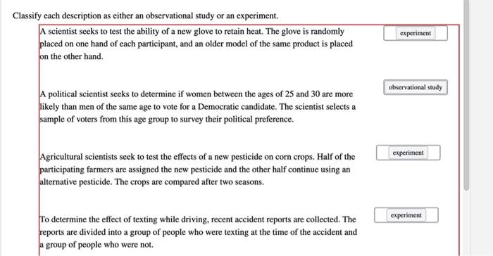 Solved Classify each description as either an observational | Chegg.com
