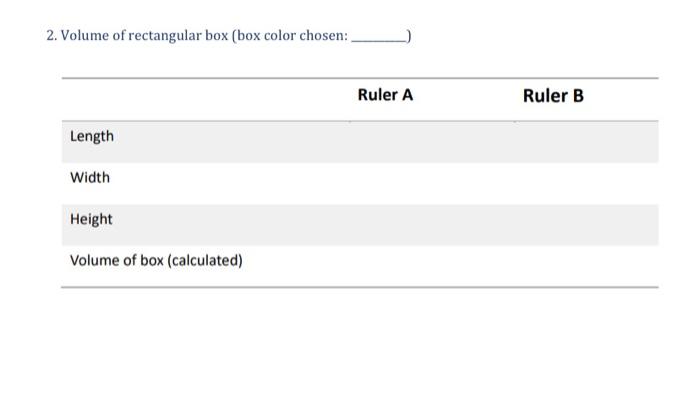 Solved 2. Volume of rectangular box (box color chosen: Ruler | Chegg.com