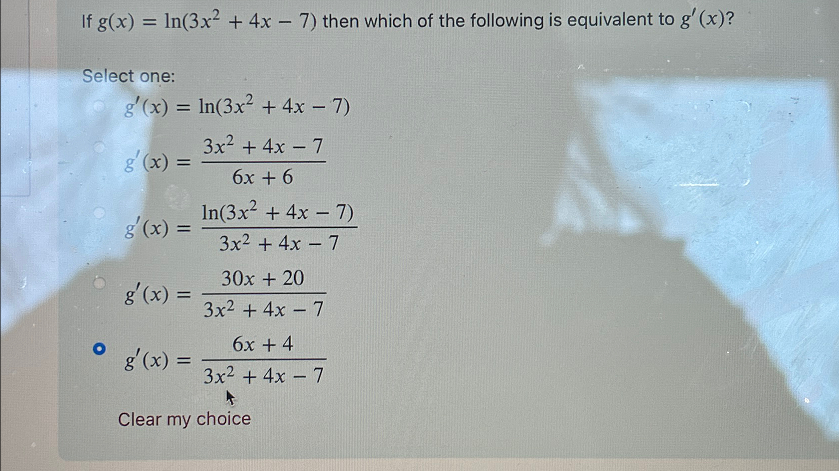Solved If g(x)=ln(3x2+4x-7) ﻿then which of the following is | Chegg.com