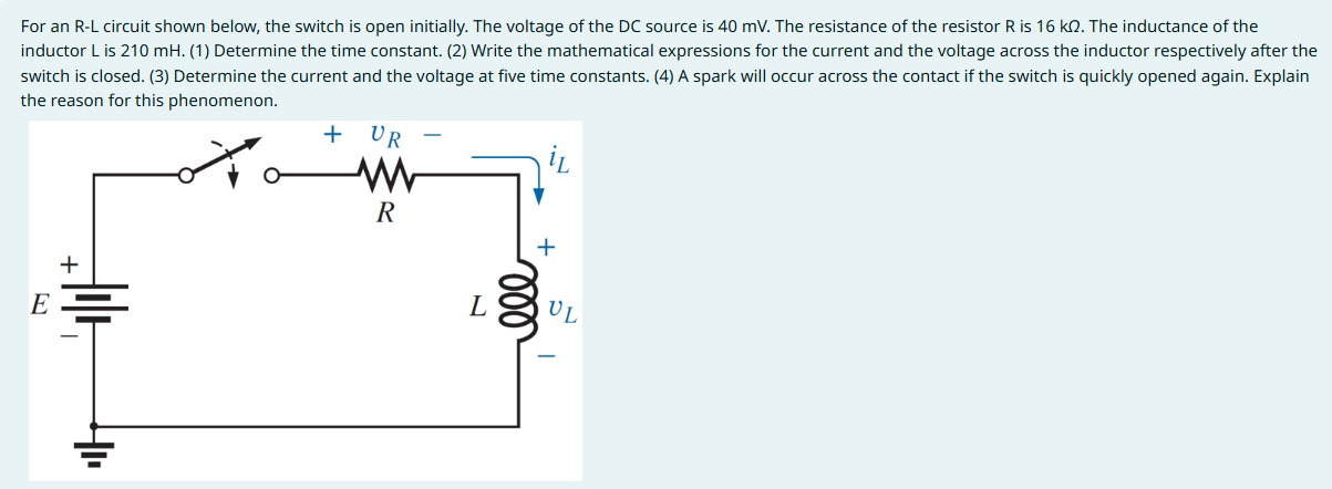 Solved For an R-L circuit shown below, the switch is open | Chegg.com