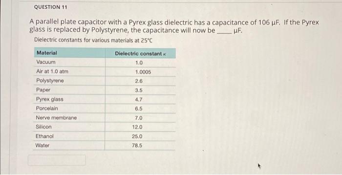 Solved QUESTION 11 A parallel plate capacitor with a Pyrex | Chegg.com