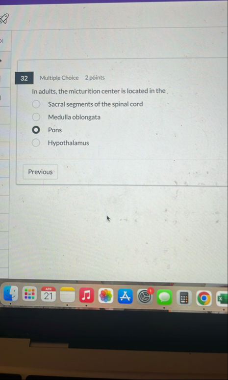 Solved 32Multiple Choice 2 ﻿pointsIn adults, the micturition | Chegg.com