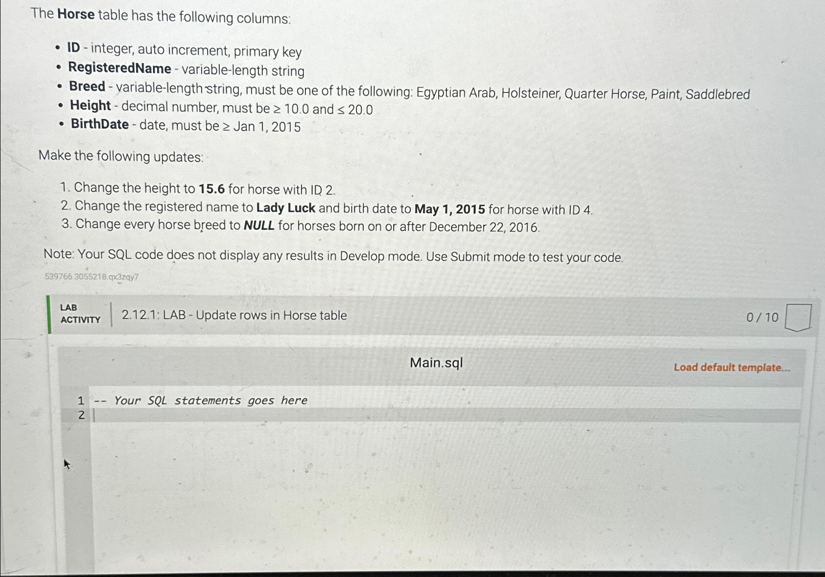 Solved The Horse table has the following columns:ID - | Chegg.com