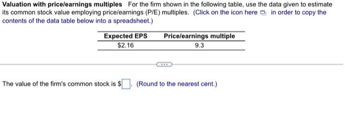 Solved Valuation with price/earnings multiples For the firm | Chegg.com