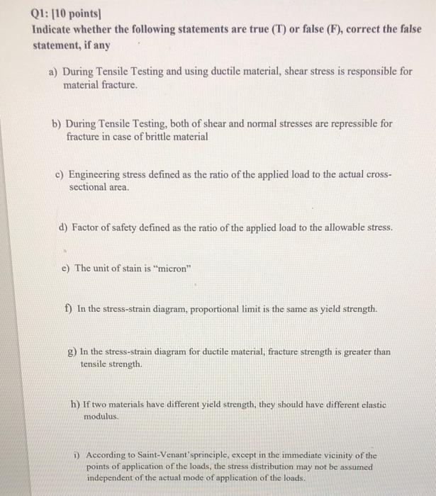 Solved Q1: [10 points) Indicate whether the following | Chegg.com