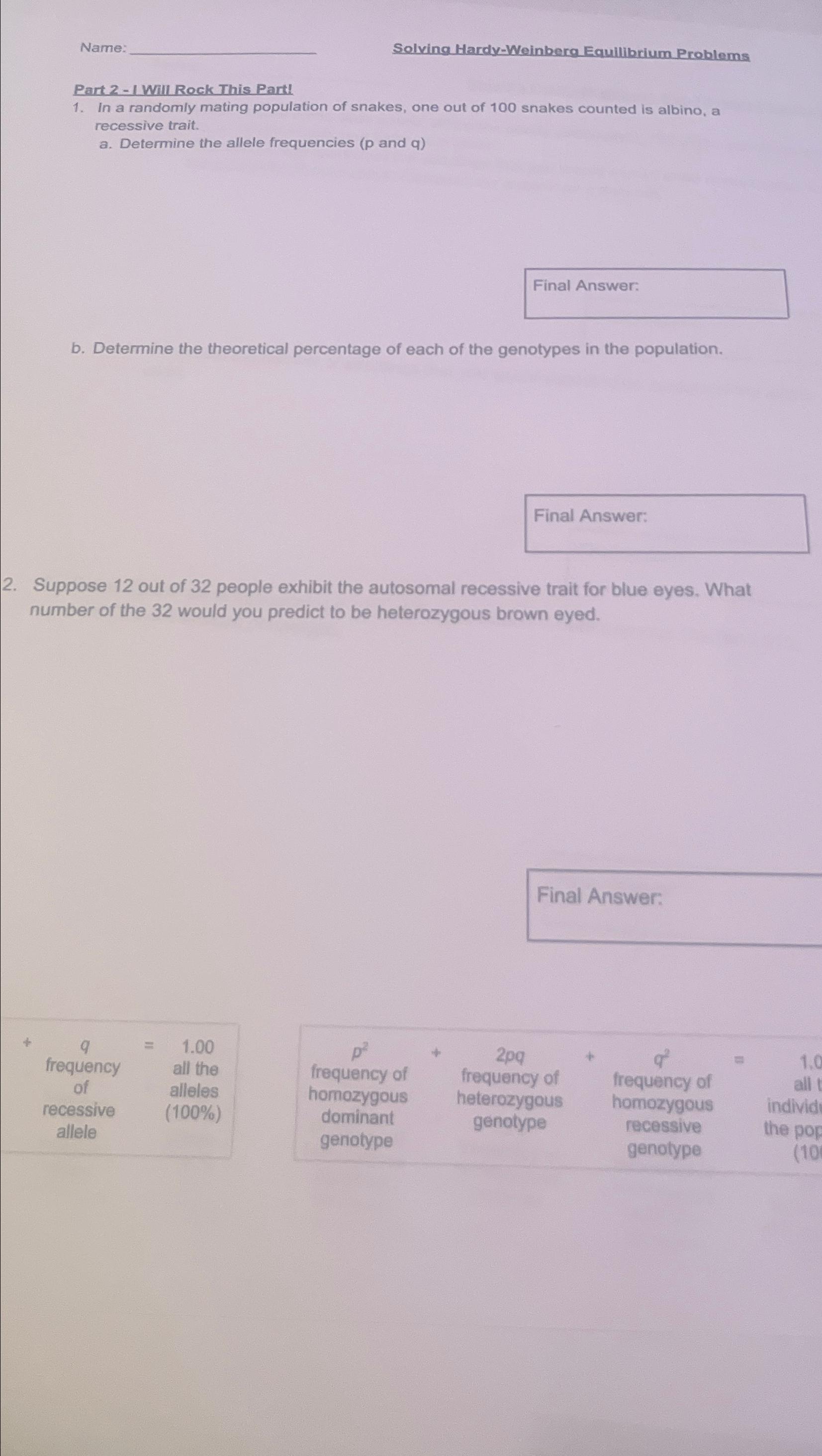 Solved Name:Solving Hardy-Weinbera Equllibrium ProblemsPart | Chegg.com