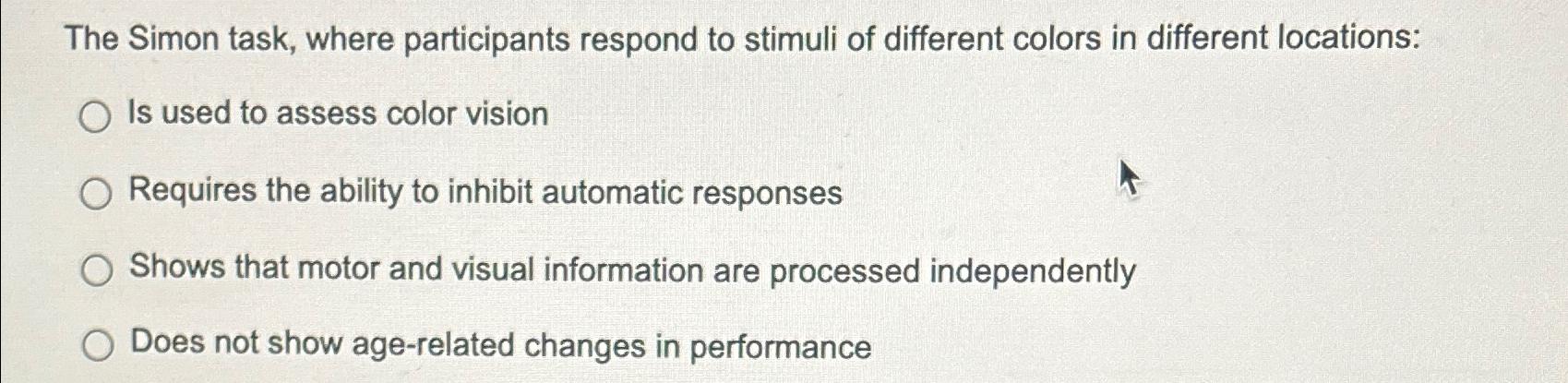 Solved The Simon task, where participants respond to stimuli | Chegg.com