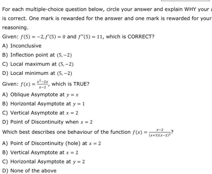 Solved For each multiple-choice question below, circle your | Chegg.com