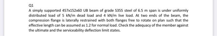 Solved Q1 A simply supported 457x152x60 UB beam of grade | Chegg.com
