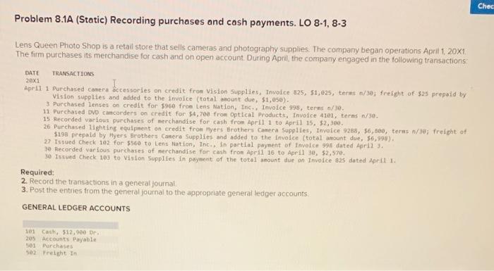 Solved Problem 8.1A (Static) Recording purchases and cash | Chegg.com