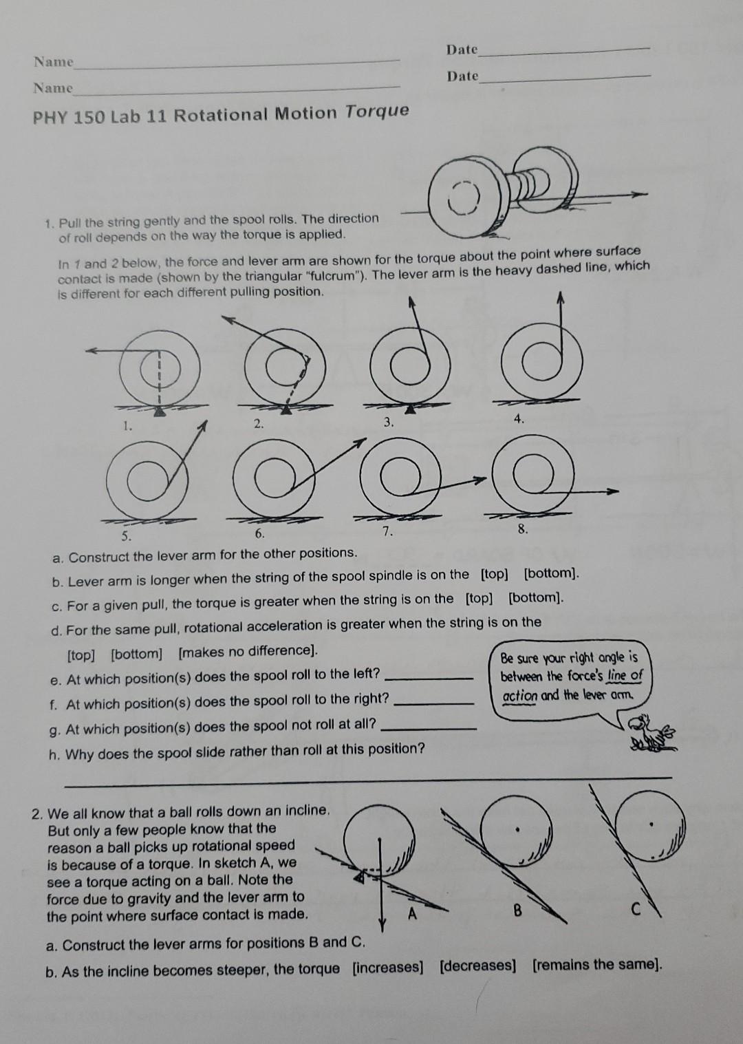 PHY 150 Lab 11 Rotational Motion Torque 1. Pull the | Chegg.com