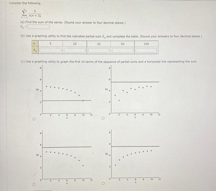 Solved Consider the following. ∑n=1∞n(n+3)9 (a) Find the sum | Chegg.com