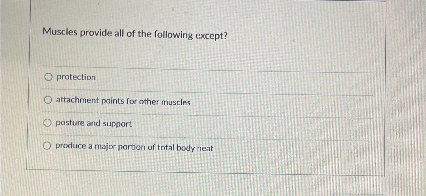 Solved Muscles provide all of the following | Chegg.com