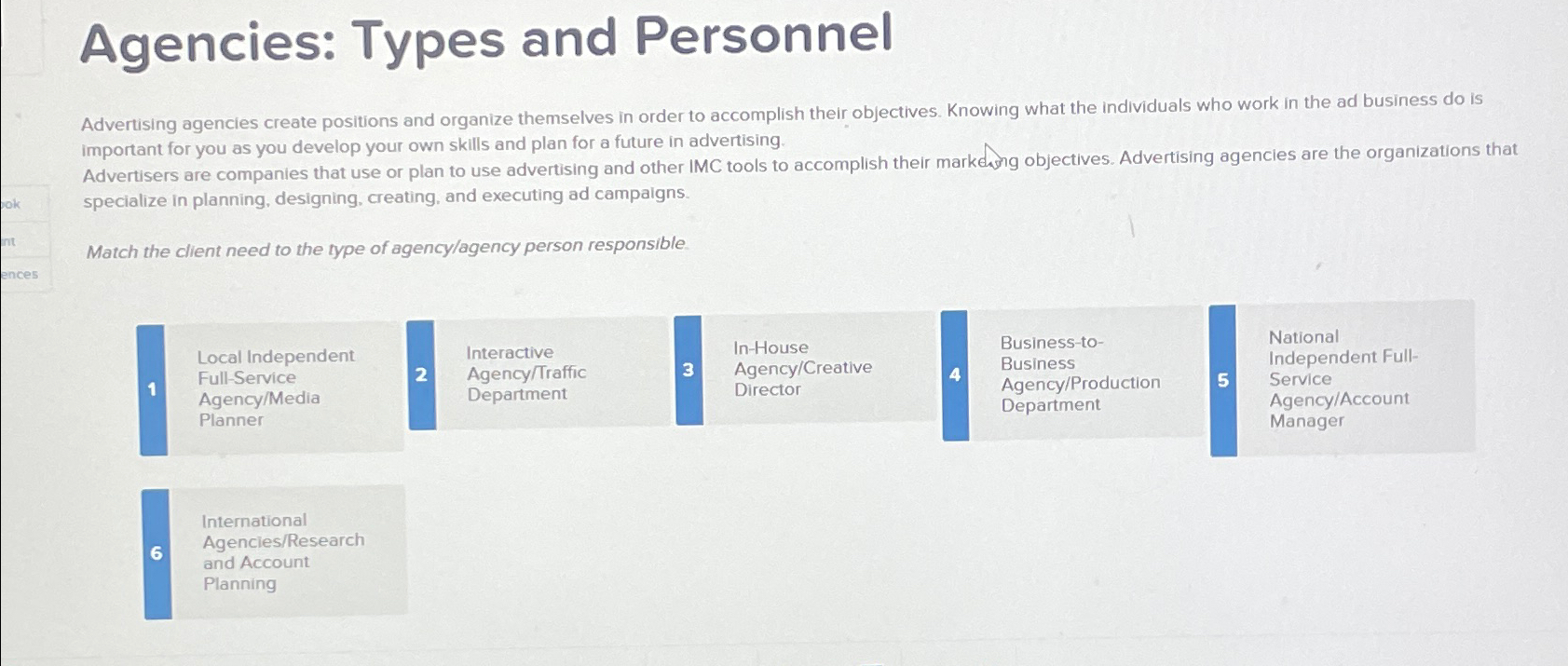 Solved Agencies: Types and PersonnelAdvertising agencies | Chegg.com