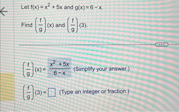 Solved Let f(x)=x2+5x and g(x)=6−x. Find (gf)(x) and (gf)(3) | Chegg.com