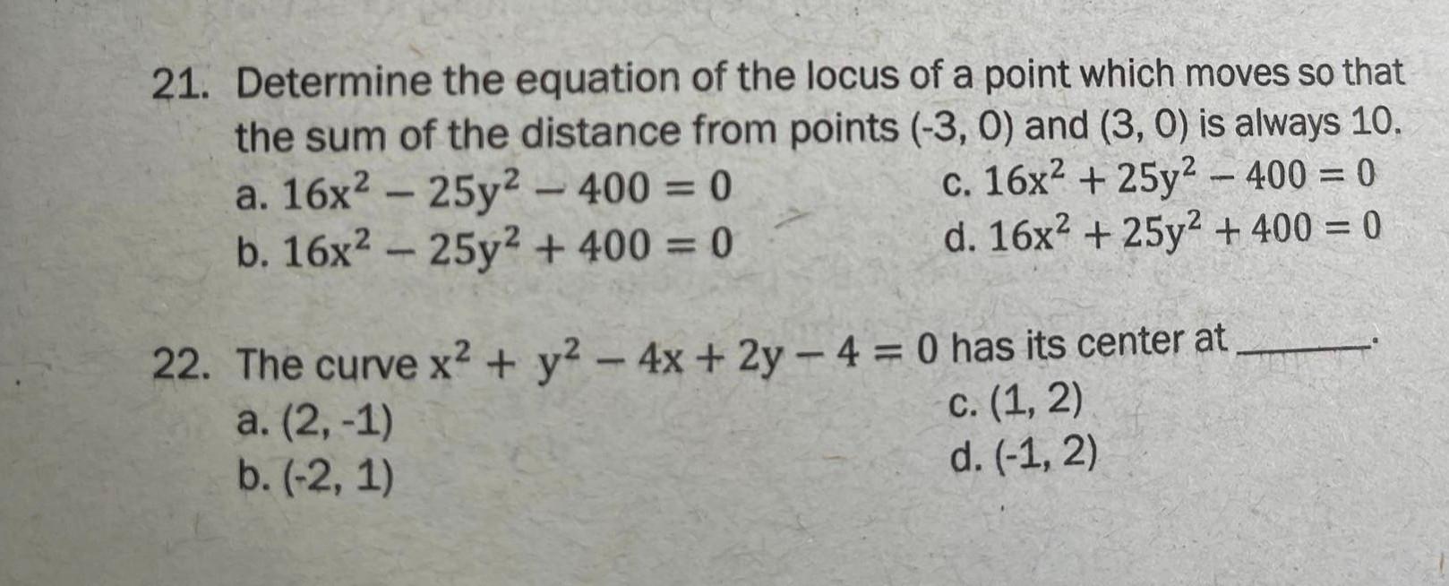 Solved 21. Determine the equation of the locus of a point | Chegg.com