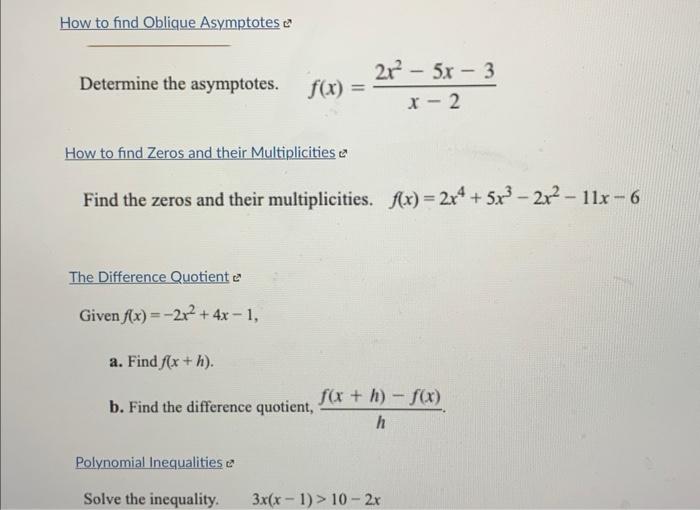 Solved How to find Oblique Asymptotes c2 Determine the | Chegg.com