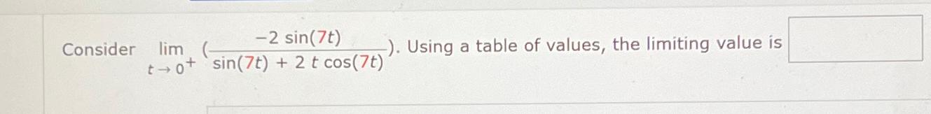 Solved Consider limt→0+(-2sin(7t)sin(7t)+2tcos(7t)). ﻿Using | Chegg.com