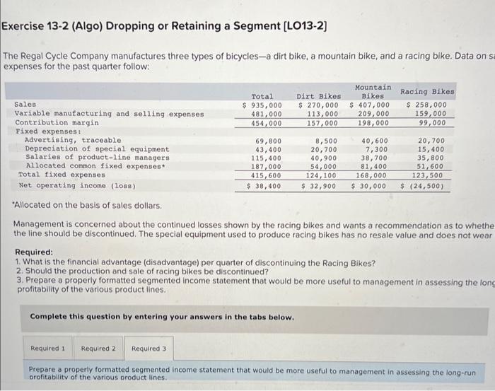 Solved Exercise 13-2 (Algo) Dropping or Retaining a Segment | Chegg.com