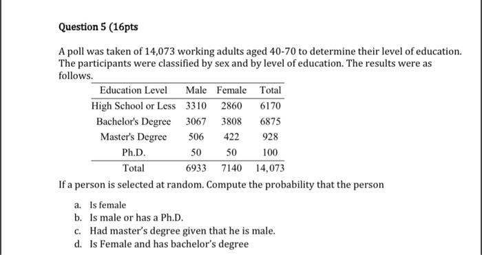 Solved A poll was taken of 14,073 working adults aged 40-70 | Chegg.com