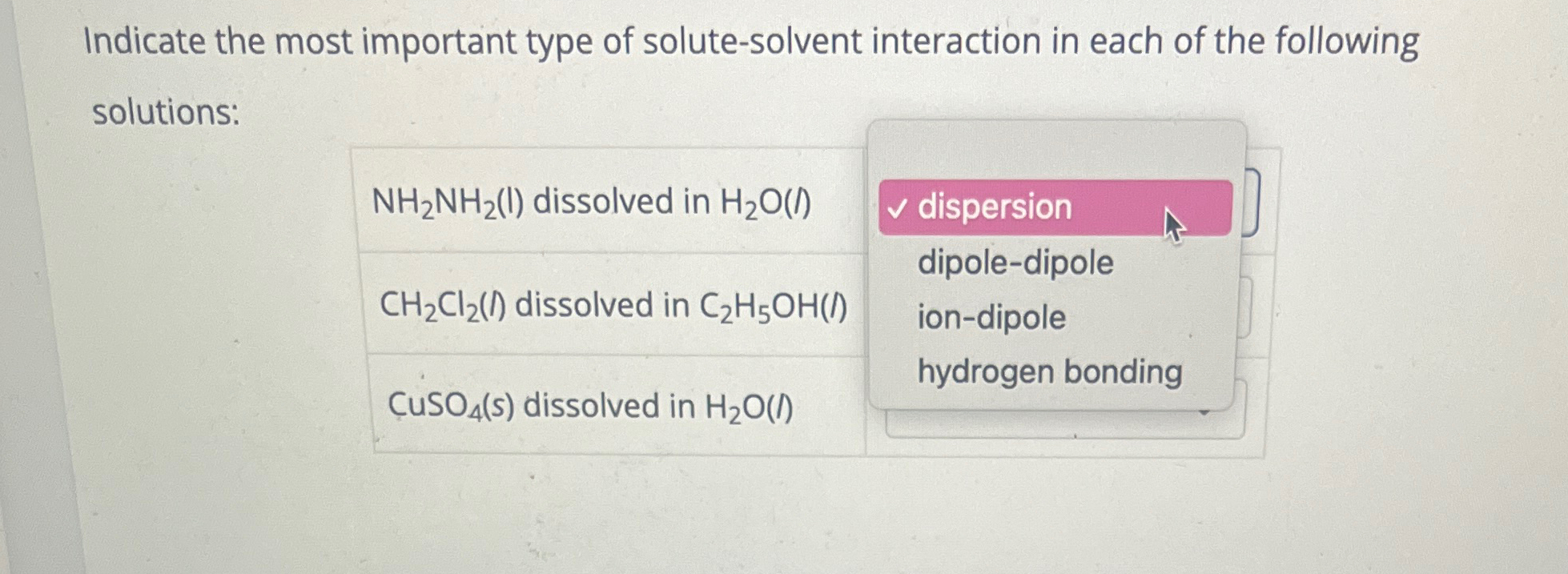 Solved Indicate the most important type of solute-solvent | Chegg.com