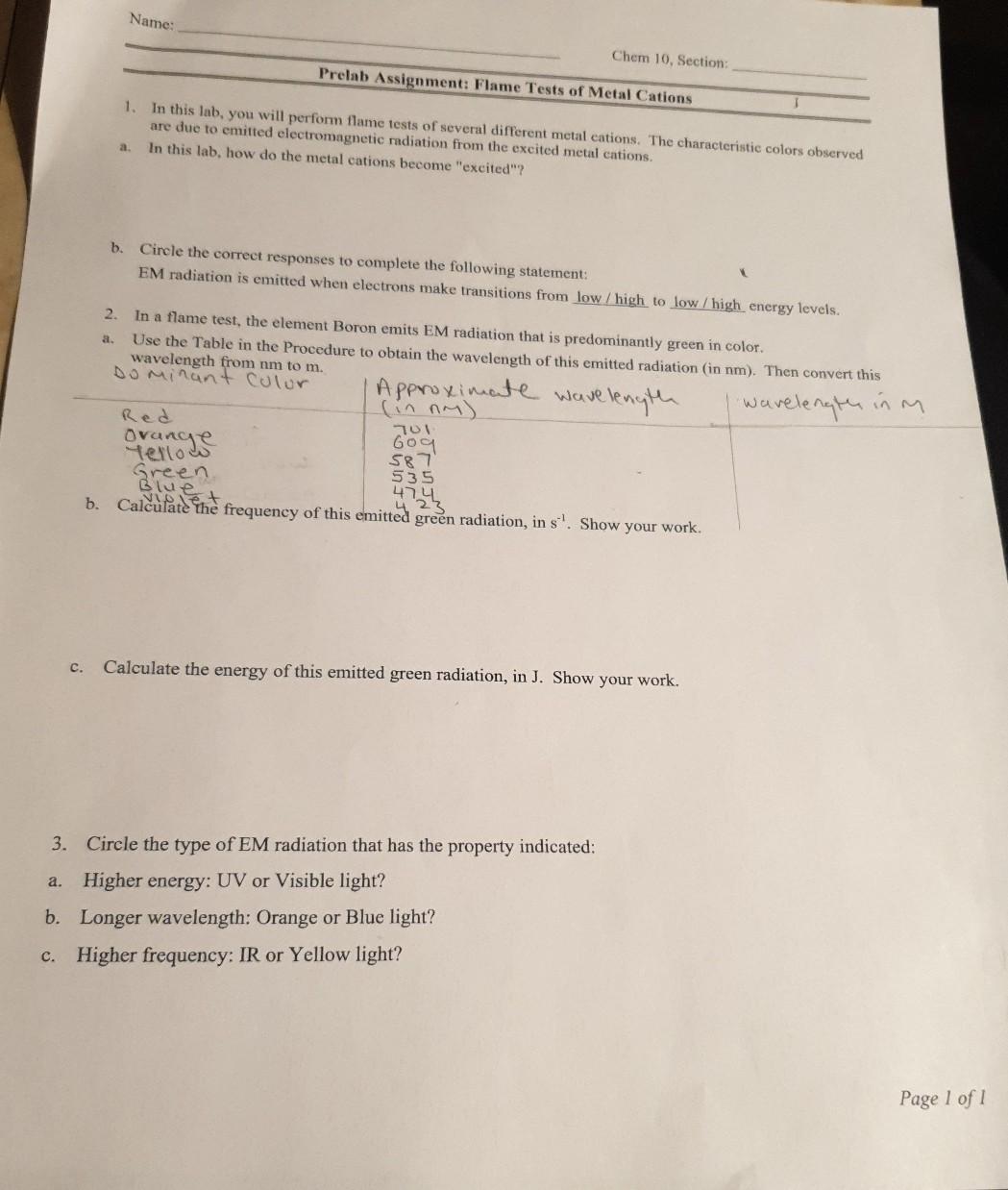 Solved Name: Chem 10, Section: Prelab Assignment: Flame | Chegg.com