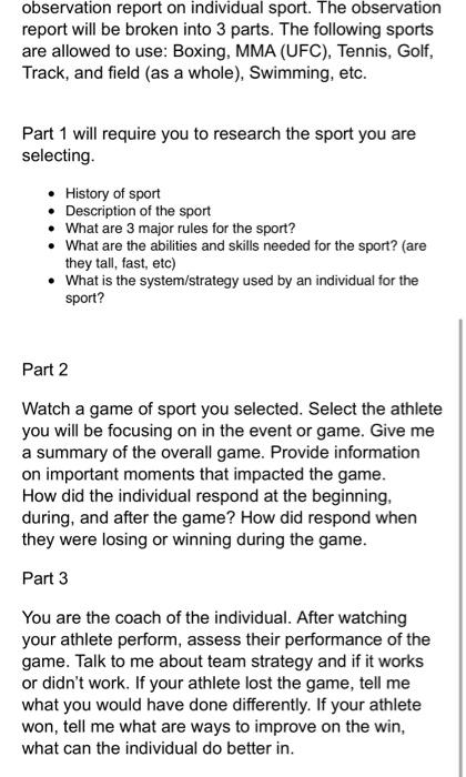 observation report on individual sport. The | Chegg.com