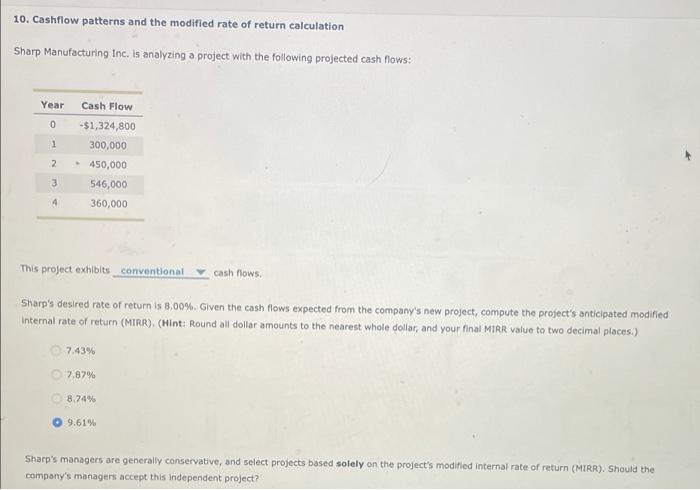 10. Cashflow patterns and the modified rate of return | Chegg.com