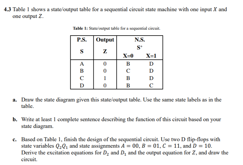 Solved 4.3 ﻿Table 1 ﻿shows a state/output table for a | Chegg.com