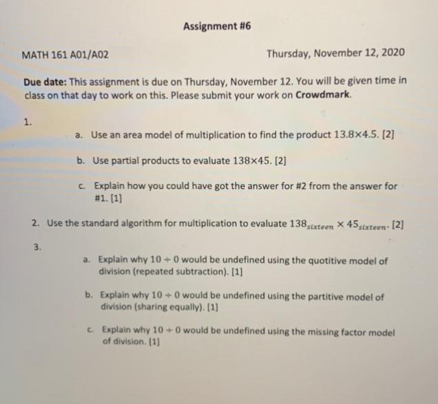 Solved Assignment 6 Math 161 A01a02 Thursday November 12 