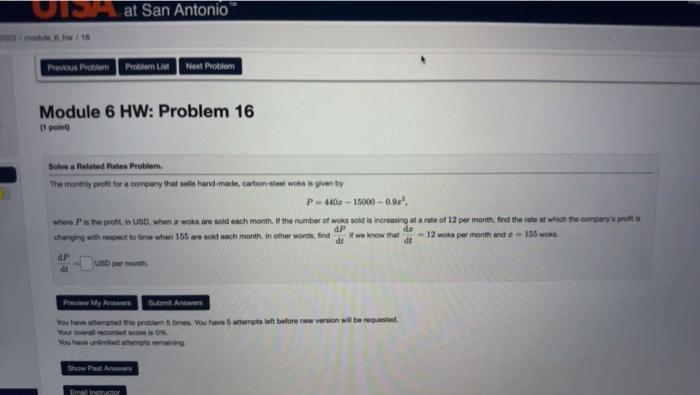 Solved SA at San Antonio 2023/ module_6_hw/16 Previous | Chegg.com