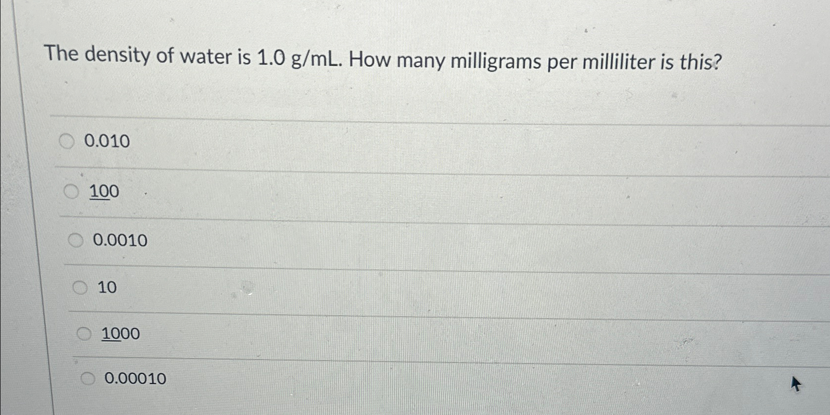 Solved The density of water is 1.0gmL. ﻿How many milligrams | Chegg.com