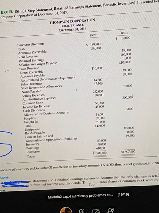 EXCEL (Single-Step Statement, Retained Earnings | Chegg.com