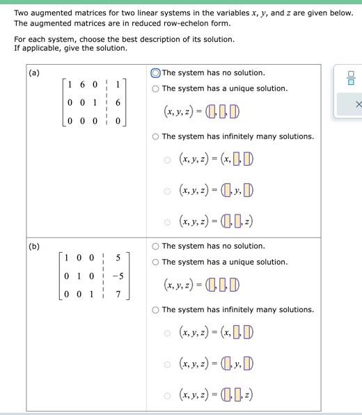 Solved Two augmented matrices for two linear systems in the | Chegg.com