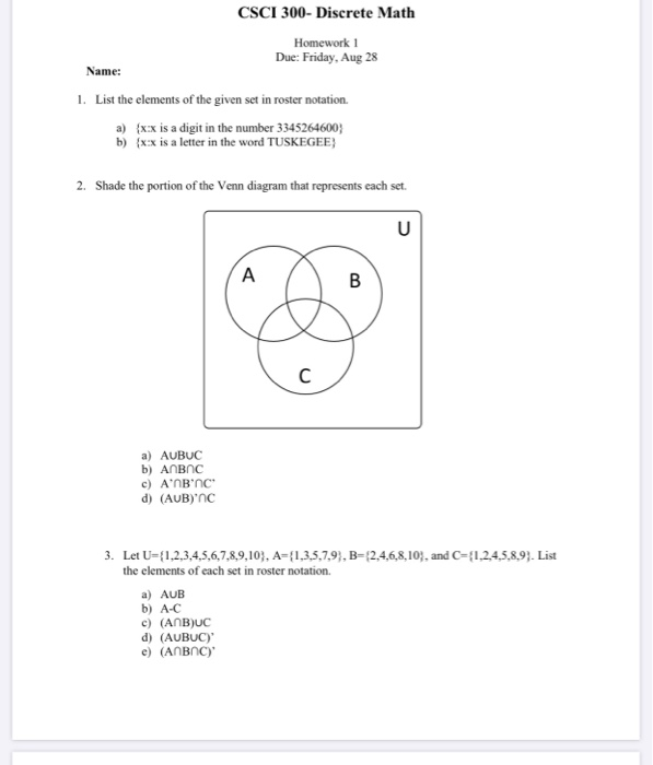 Solved CSCI 300-Discrete Math Homework 1 Due: Friday, Aug 28 | Chegg.com