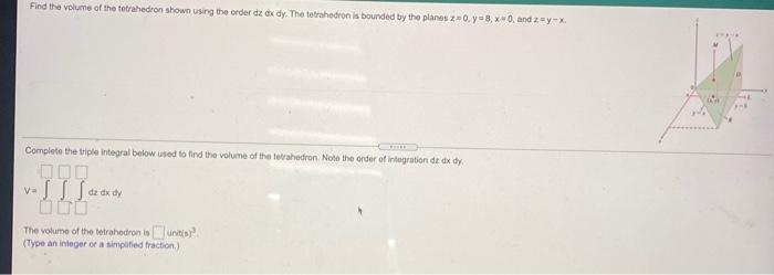 Solved Find the volume of the tetrahedron shown using the | Chegg.com