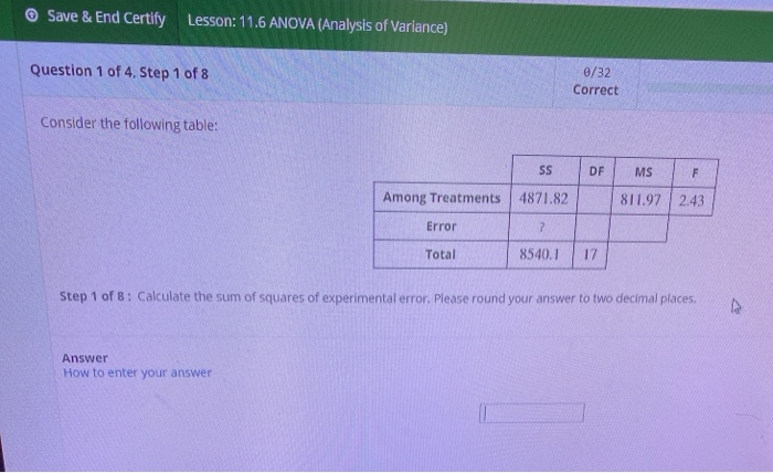 Solved Save & End Certify Lesson: 11.6 ANOVA (Analysis of | Chegg.com