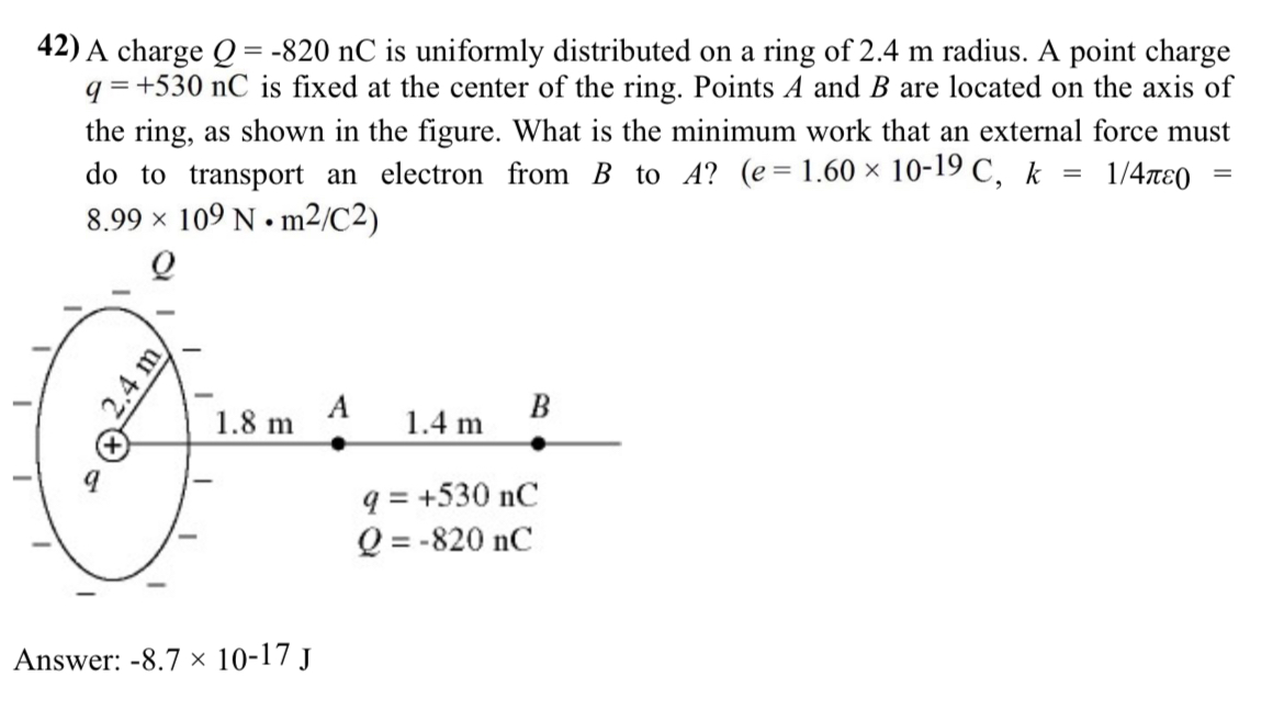 Solved A charge Q=-820nC ﻿is uniformly distributed on a ring | Chegg.com