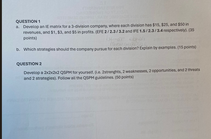 Solved QUESTION 1a. ﻿Develop an IE matrix for a 3-division | Chegg.com