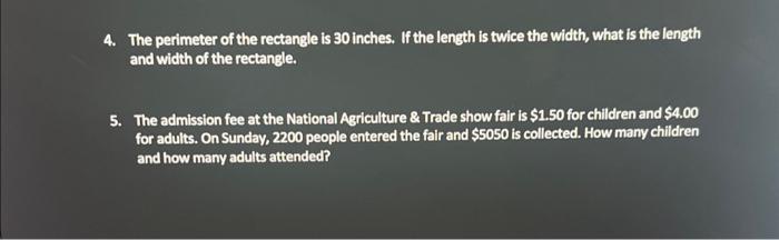 Solved The perimeter of the rectangle is 30 inches. If the | Chegg.com